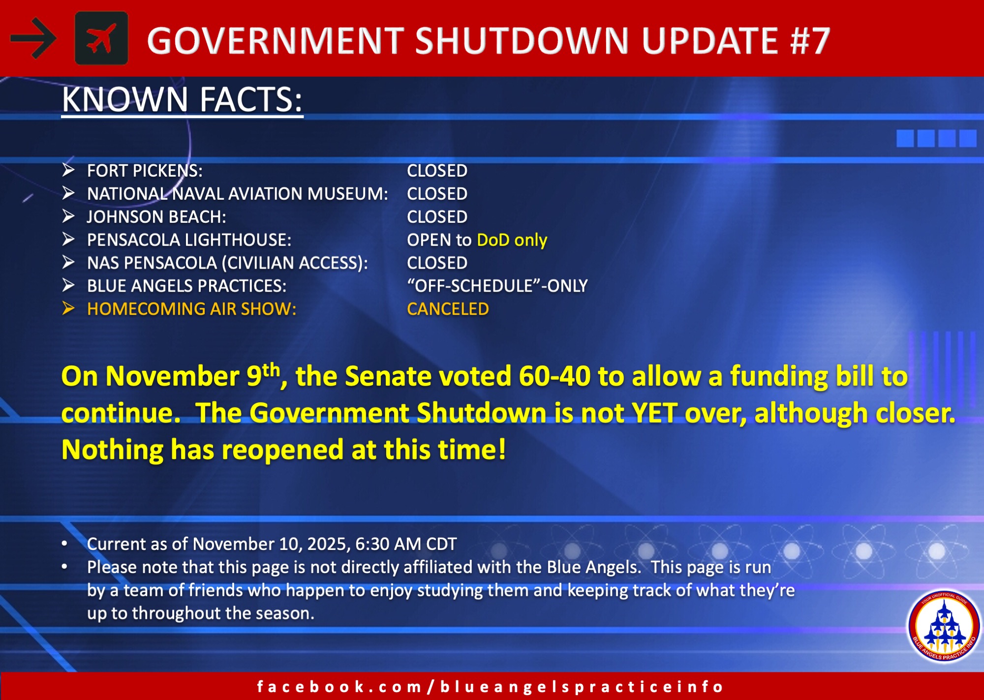 Government Shutdown – Blue Angels Practice Info